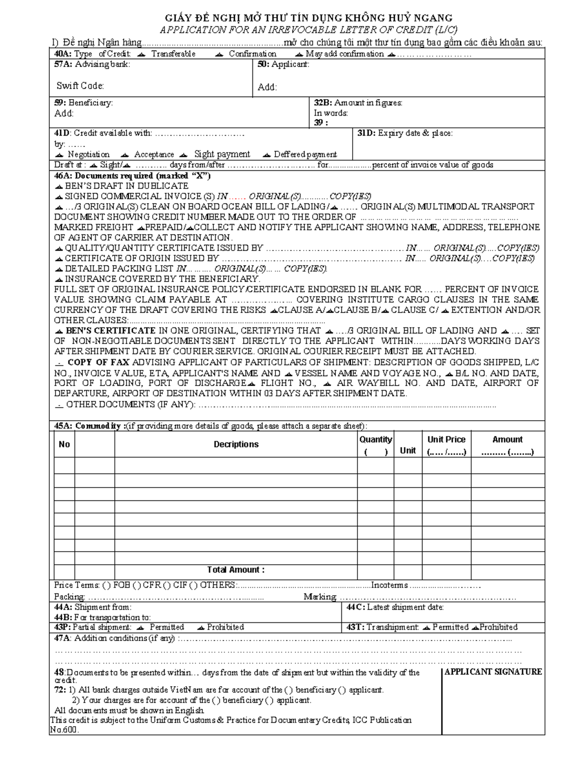 LC Application Form for Irrevocable Credit - Open LC Request - Studocu