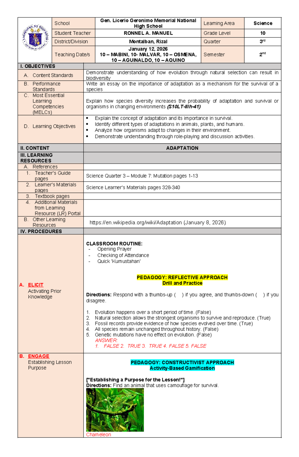 Q3-LP: Adaptation in Science for Grade 10 Students - Studocu