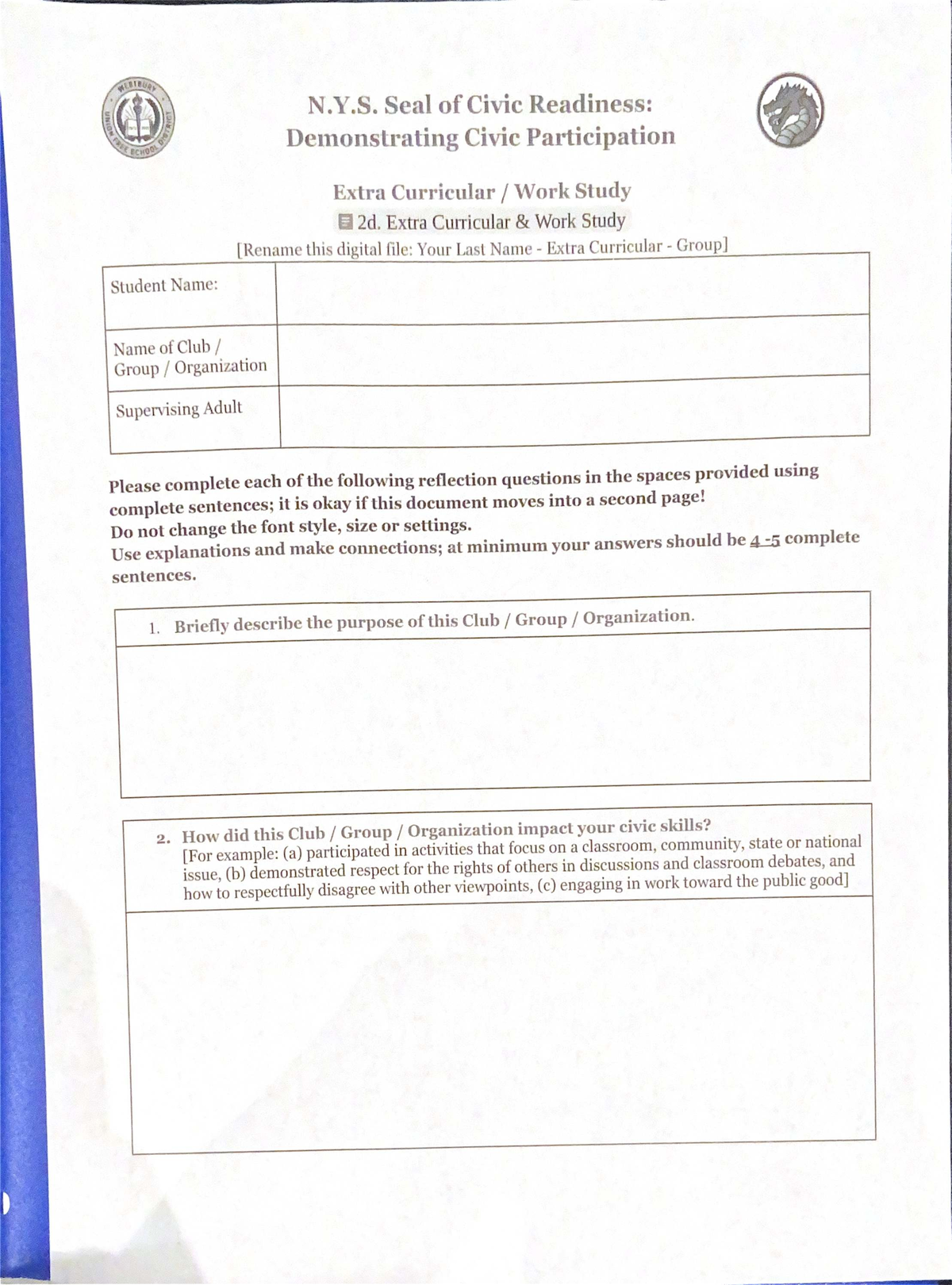 N.Y.S. Seal of Civic Readiness: Extra Curricular Work Study Reflection ...
