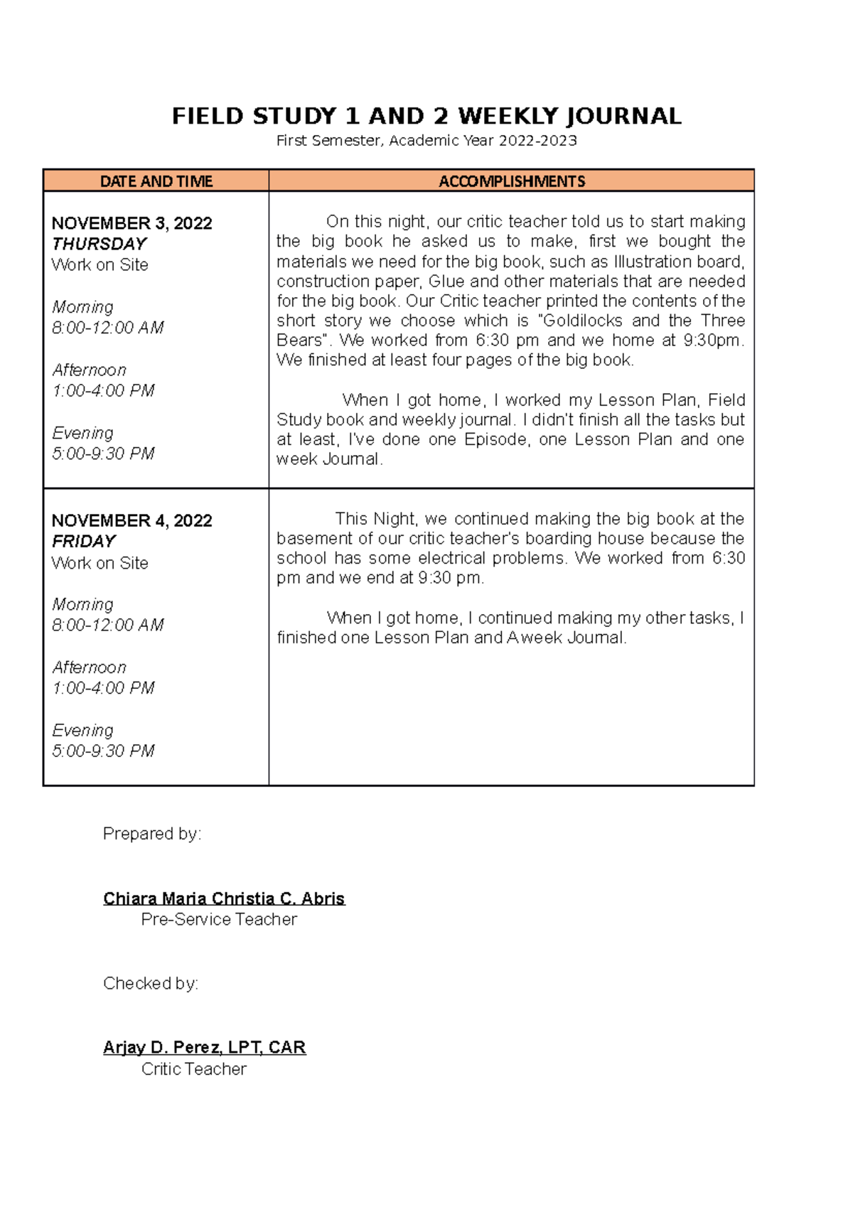 November Field Study 1 AND 2 Weekly Journal Copy - FIELD STUDY 1 AND 2 ...