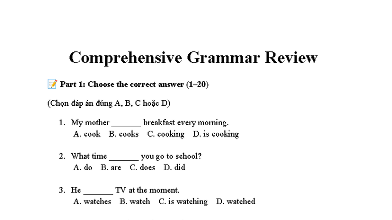 Comprehensive Grammar Review Part 1: Correct Answer Selection - Studocu