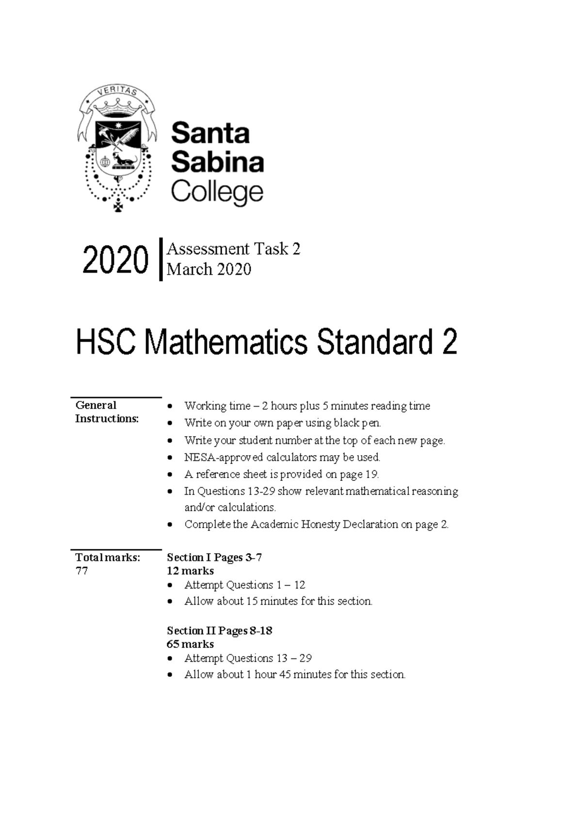 Maths Standard HSC Task 2 2020: Questions & Solutions - Studocu