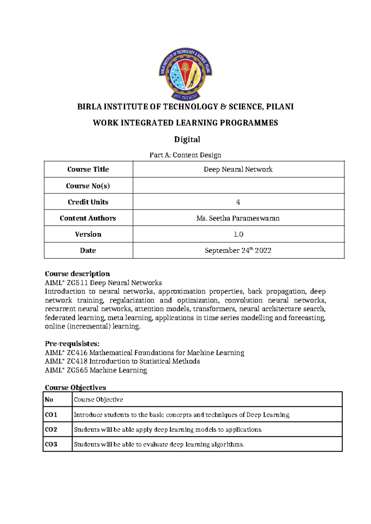 AIML ZG511 Deep Neural Network Course Handout v1 Overview - Studocu