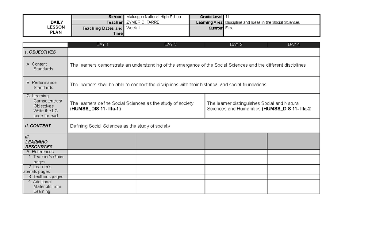 DISS 11 Daily Lesson Plan: Week 1 - Understanding Social Sciences - Studocu