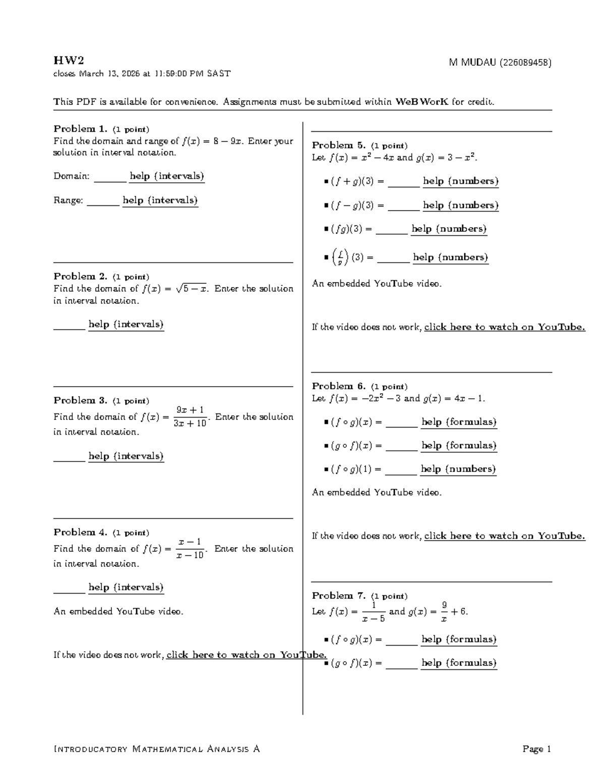 MAA00A1 2026 - HW2 Solutions for Introductory Mathematical Analysis ...