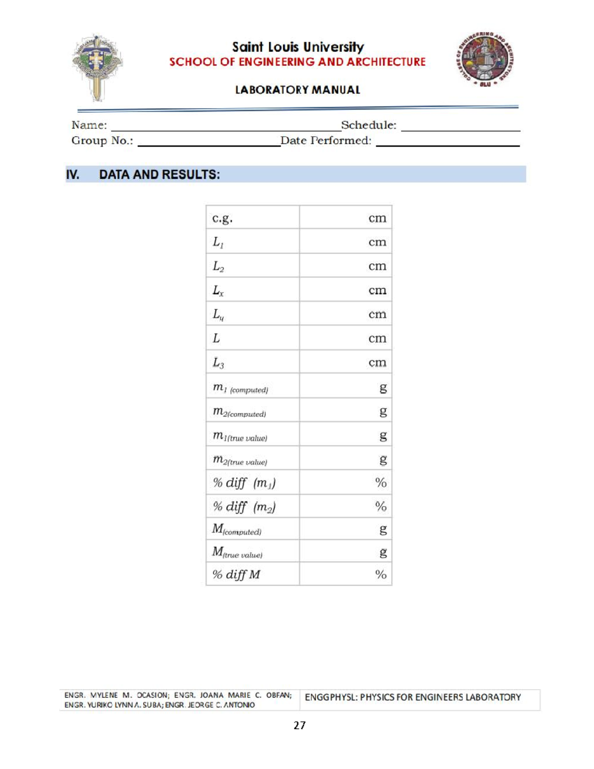 ENGGPYSL: Physics for Engineers Lab - Experiment 5 Data Results - Studocu