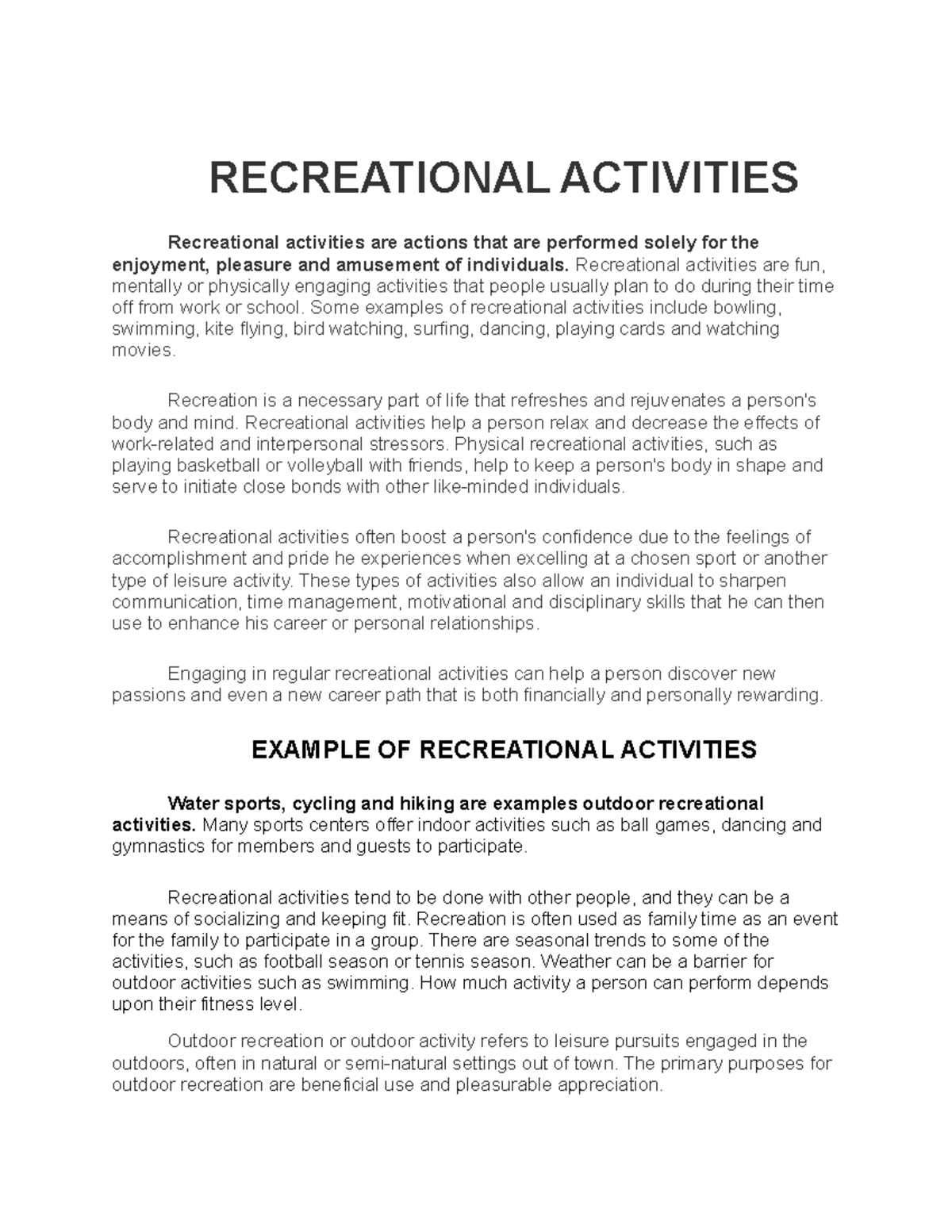 Recreational Activities - RECREATIONAL ACTIVITIES Recreational ...