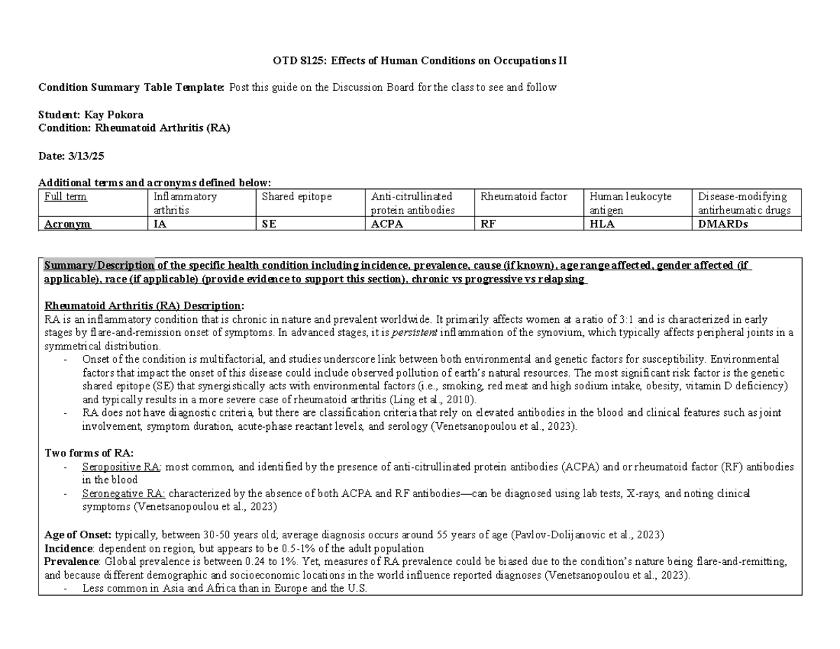 Rheumatoid Arthritis (RA) Overview: Impacts, Interventions & Outcomes (OTD 8125) - Studocu