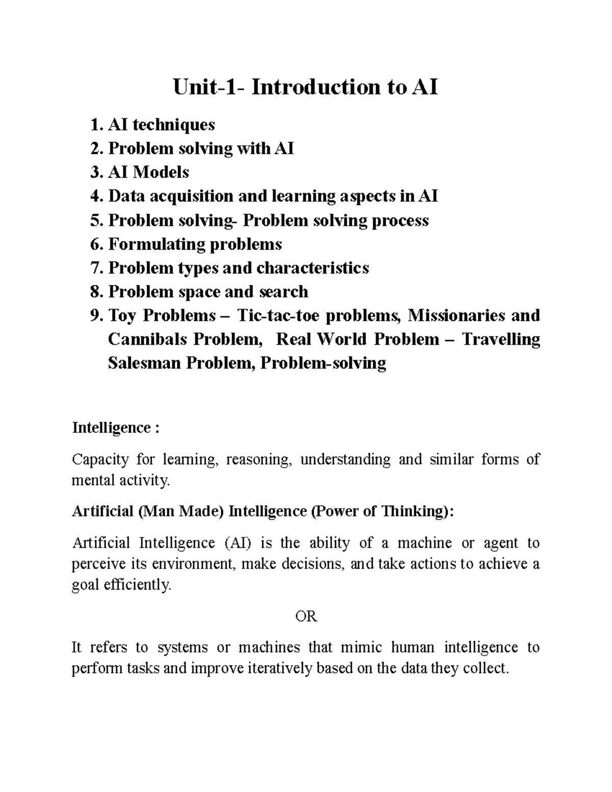 AI Unit 1 - Introduction to Key Concepts and Techniques - Studocu