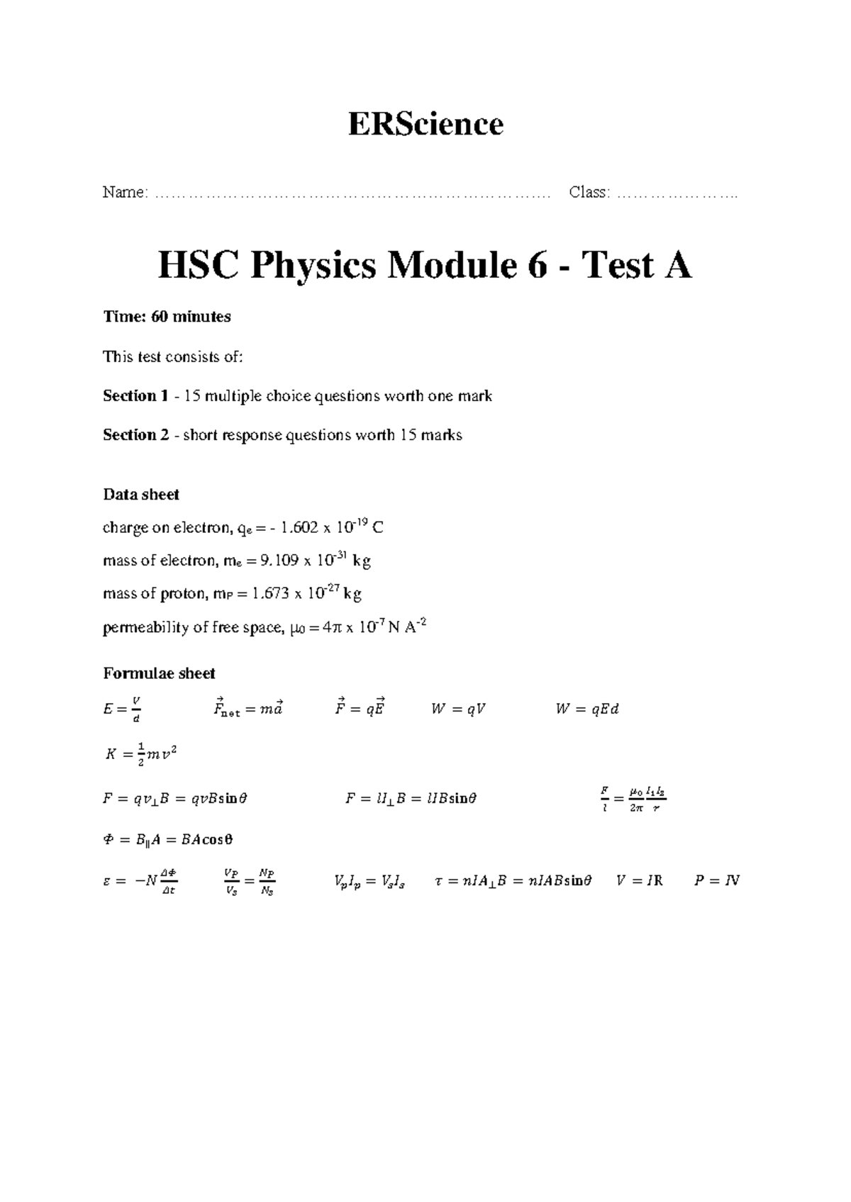 HSC Physics Module 6 Test A: Comprehensive Question Set - Studocu