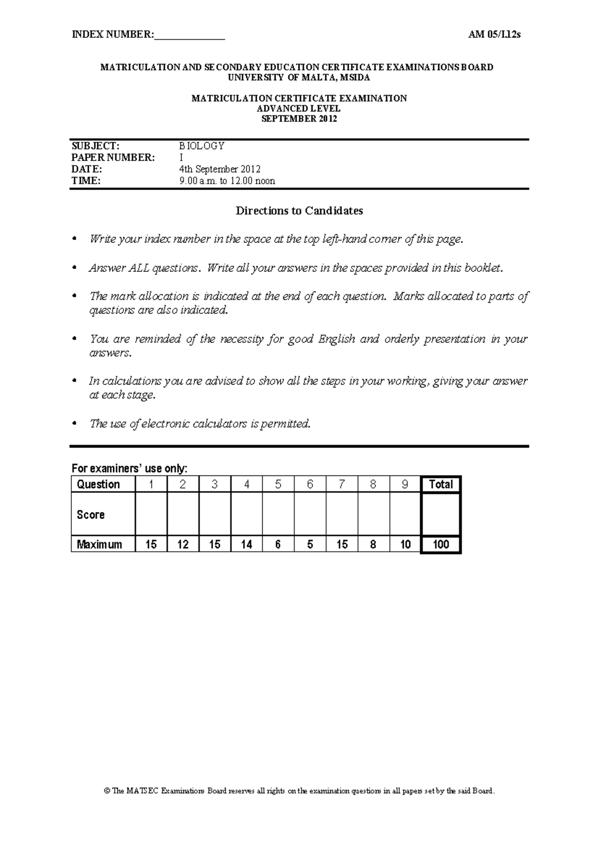 MATSEC Biology Advanced Level Exam September 2012 - Paper I & II - Studocu