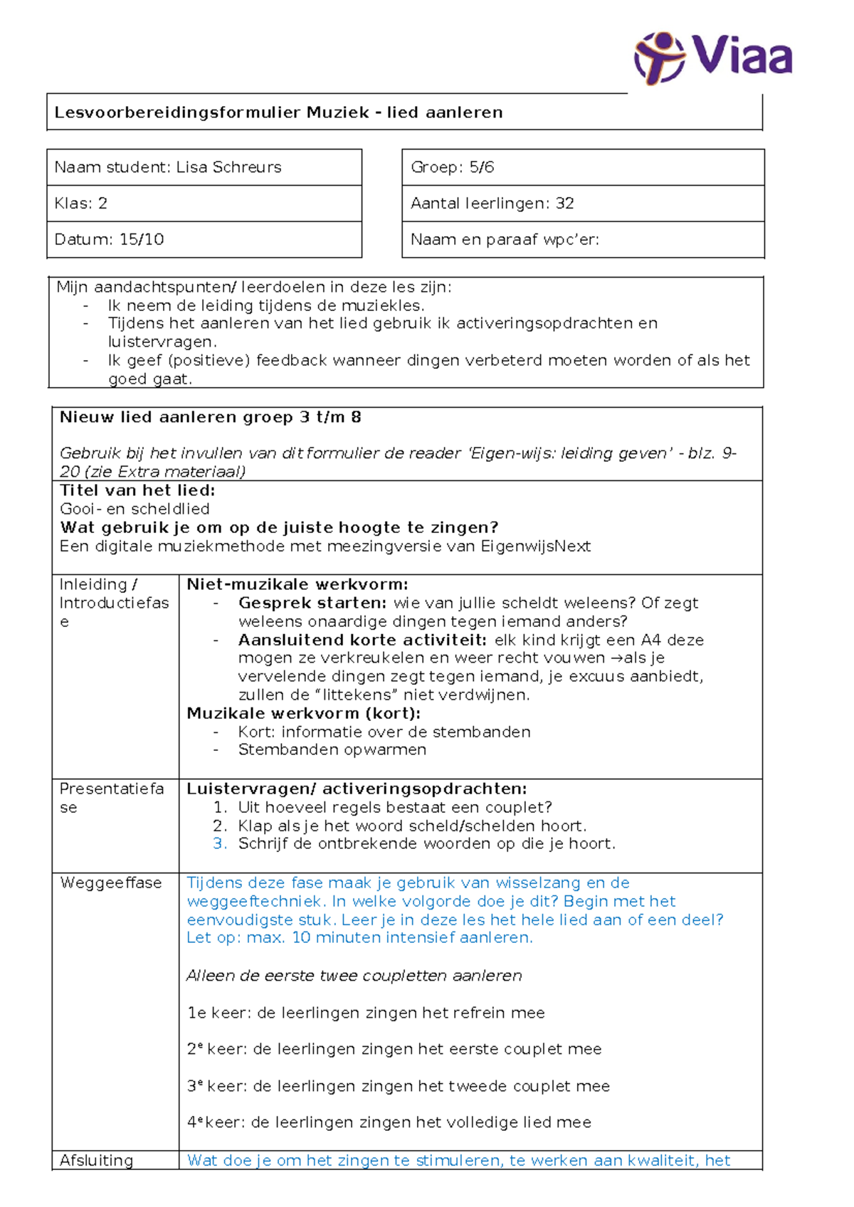 Lesvoorbereidingsformulier Muziek: Lied Aanleren voor Groep 3-8 ...
