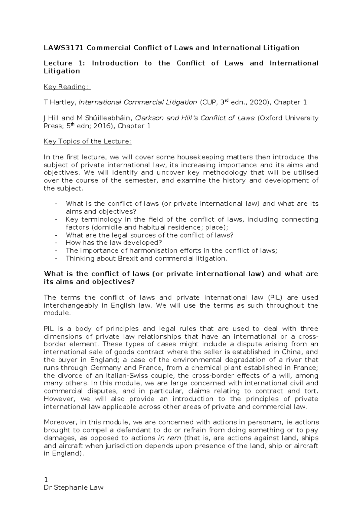 LAWS3171 Lecture 1: Intro to Commercial Conflict of Laws & Litigation ...