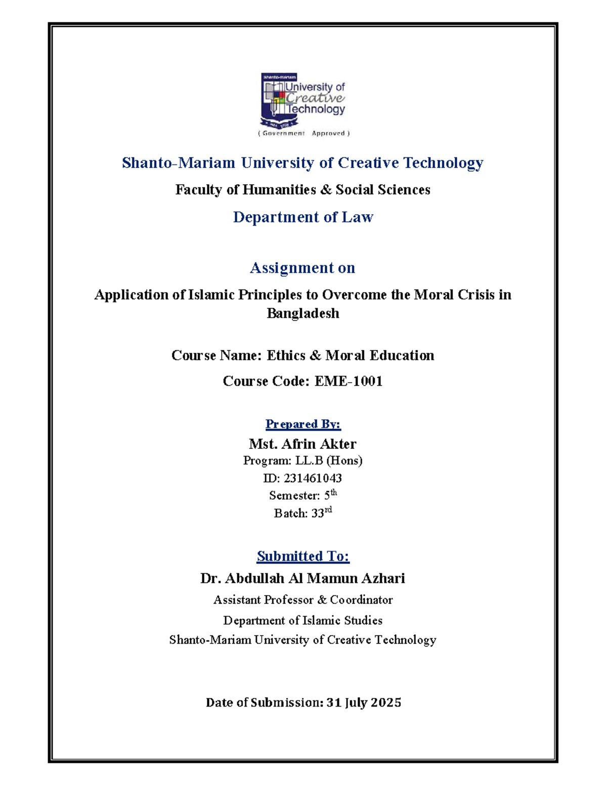 Ethics (Ethics Moral Education) Assignment: Islamic Principles & Moral ...