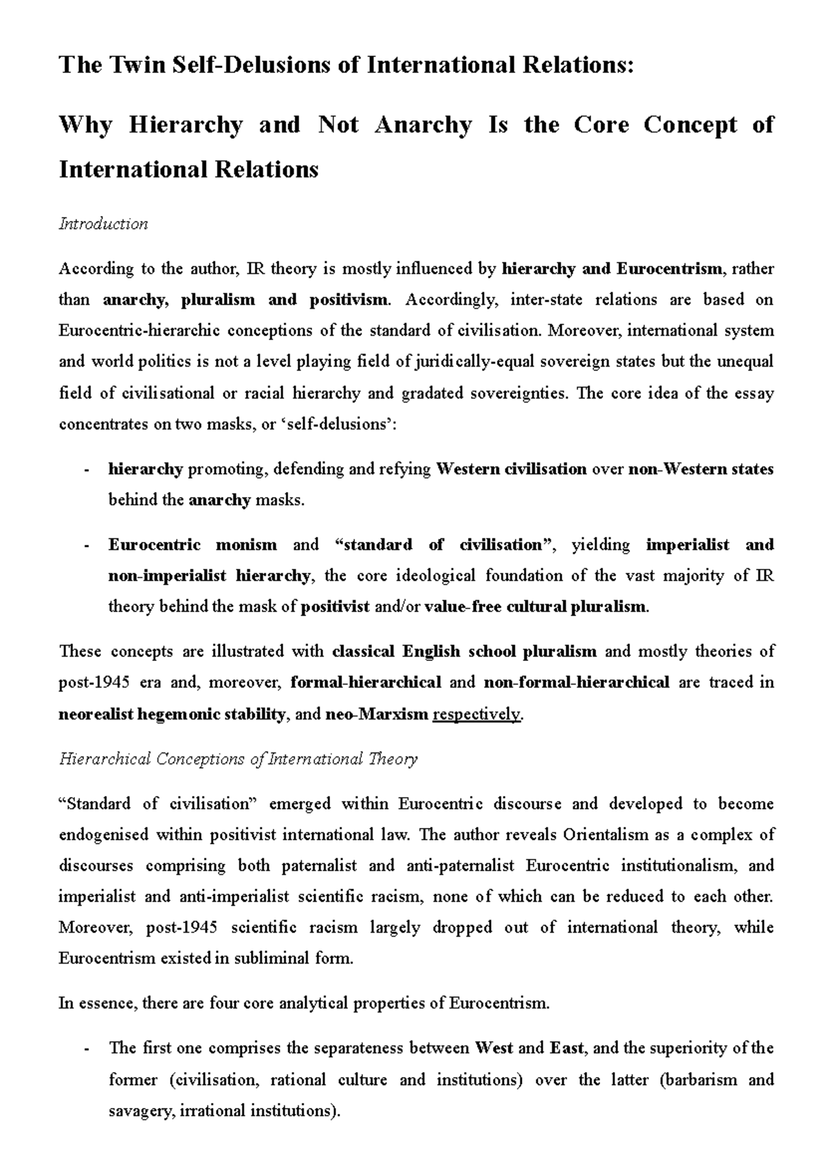 QHQT - Lesson 2: Hierarchy vs. Anarchy in International Relations - Studocu