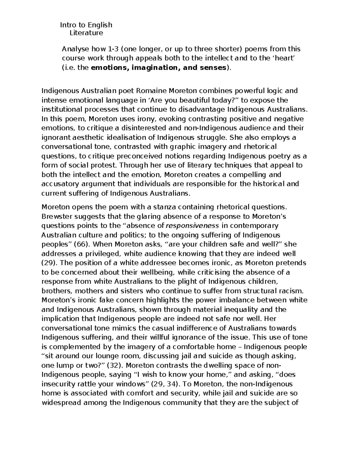 Intro to English Lit - Research Essay on Romaine Moreton's Poetry - Studocu