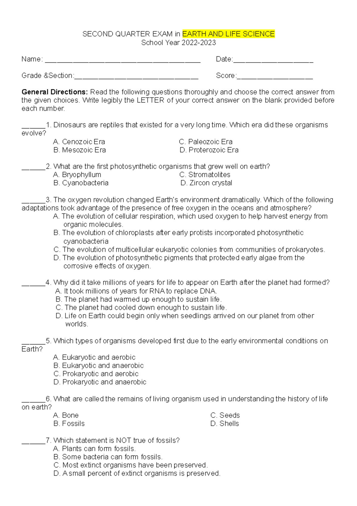 SECOND QUARTER EXAM (S.Y. 2022) in EARTH & LIFE SCIENCE - Studocu