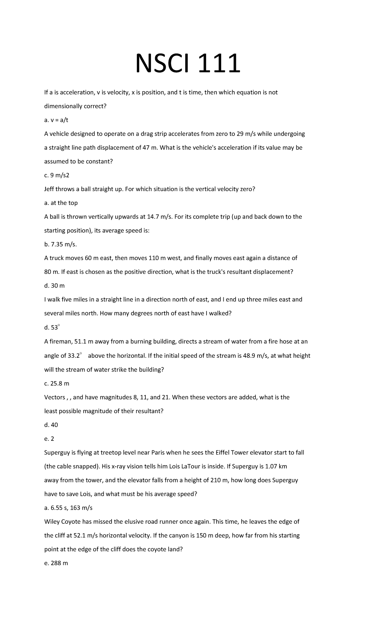 NSCI 111 Lecture Notes on Motion and Forces: Key Concepts and Problems ...