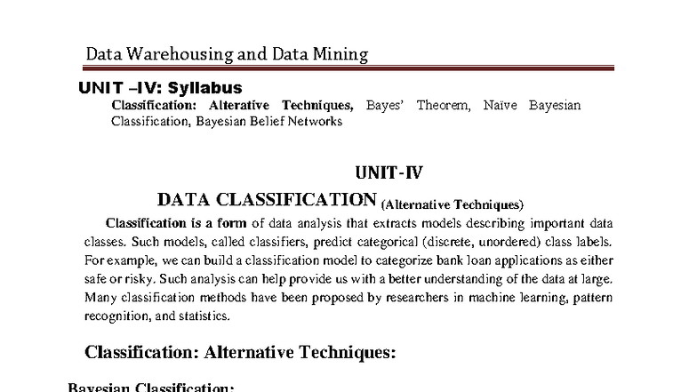 DWDM-UNIT-4 R16 - Classification Techniques: Bayesian Methods Explained - Studocu
