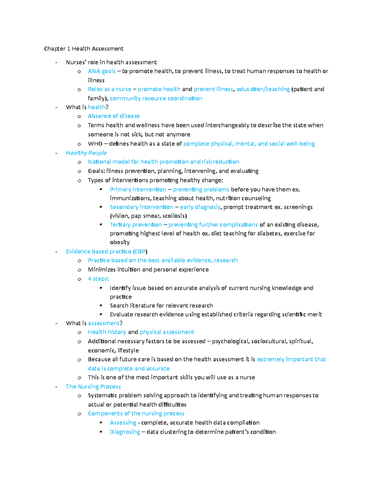 Health Assessment Exam 1 Study Guide - Chapter 1 Health Assessment ...