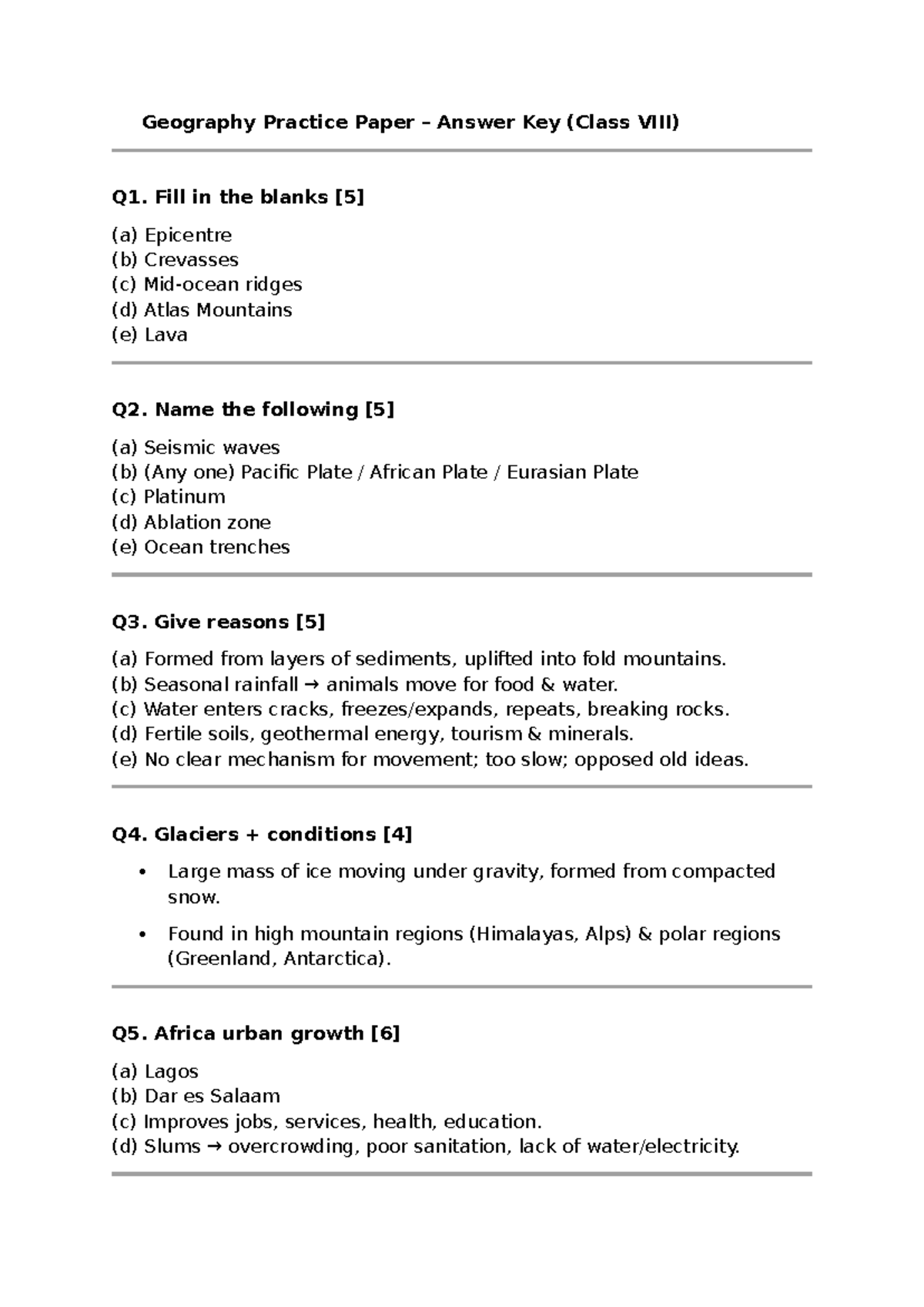 Geography Practice Paper Answer Key (Class Q1) - Studocu
