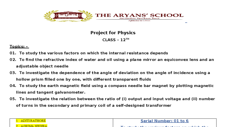 Physics Project FILE Topics 2025-26 - Project for Physics CLASS – 12 TH ...