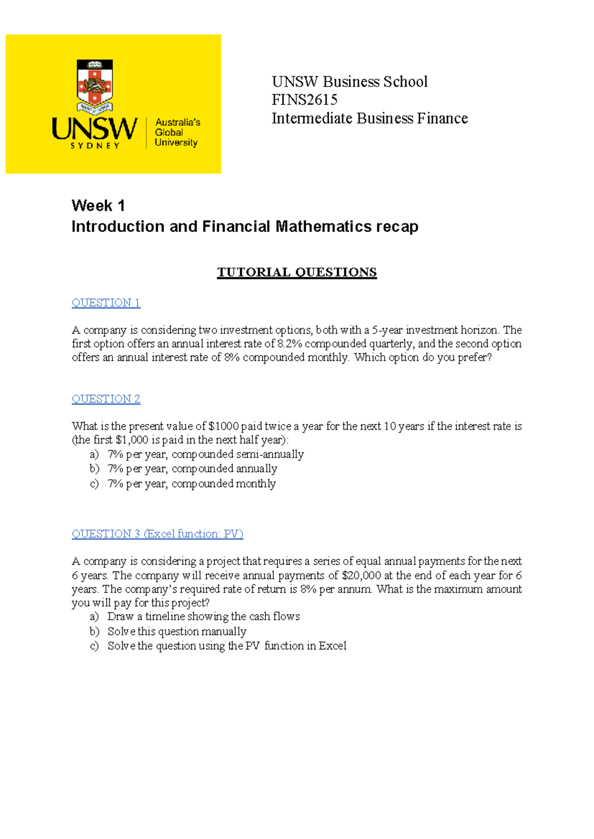 UNSW Business School FINS2615 Intermediate Business Finance Week 1 & 2 ...