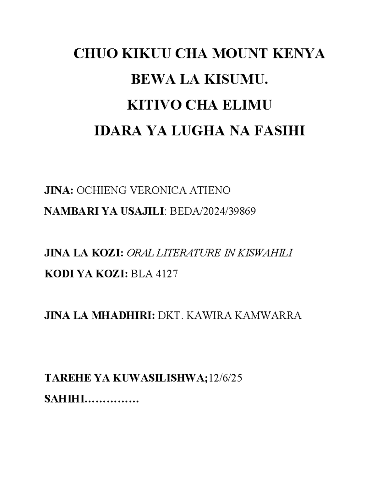 CAT. BLA 4127: Utafiti wa Fasihi Simulizi ya Kiswahili - Studocu