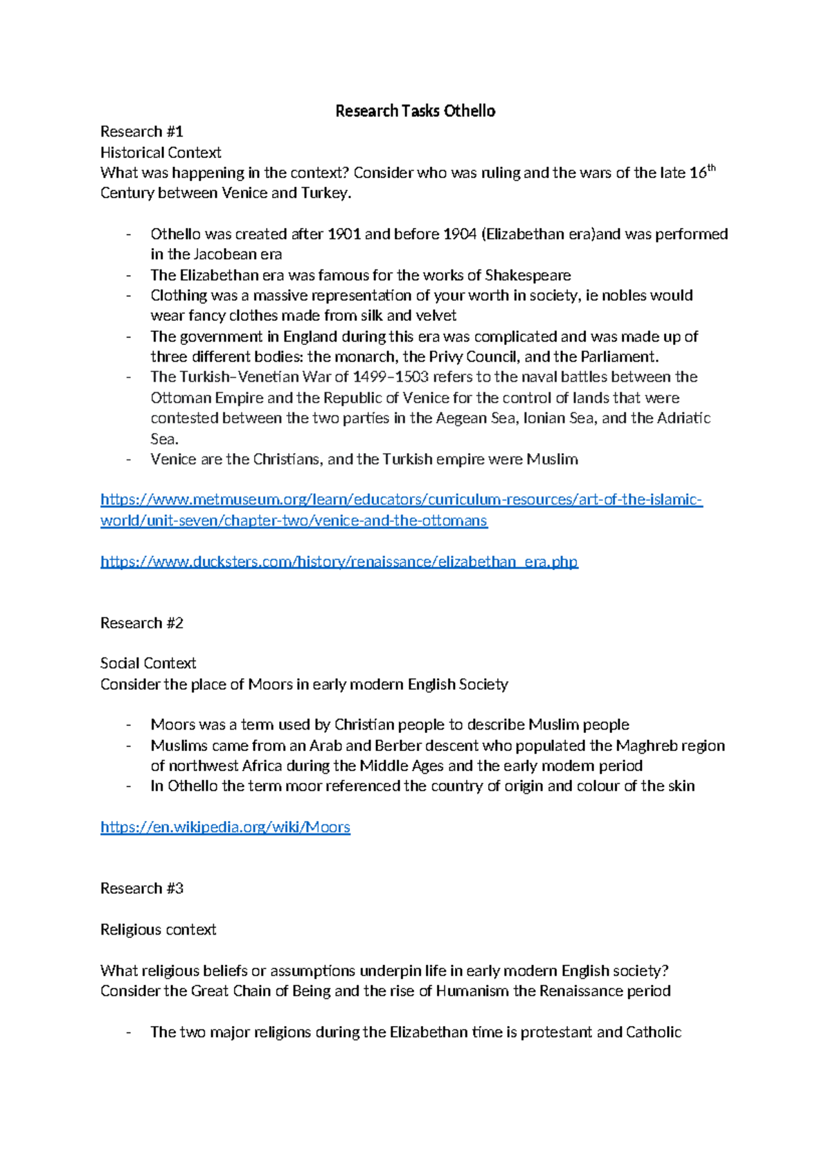 Othello Research: Historical, Social, and Religious Contexts - Studocu