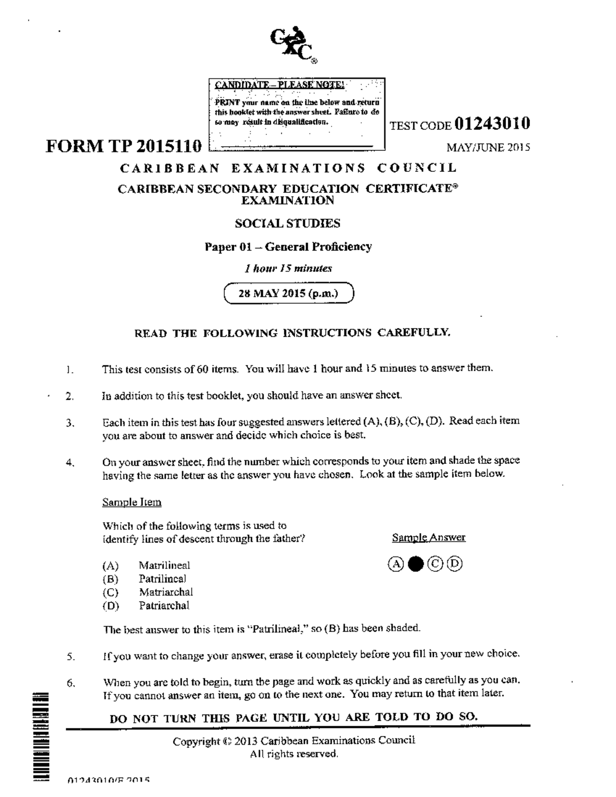 CSEC Social Studies Paper 01 General Proficiency 2015 Exam - Studocu