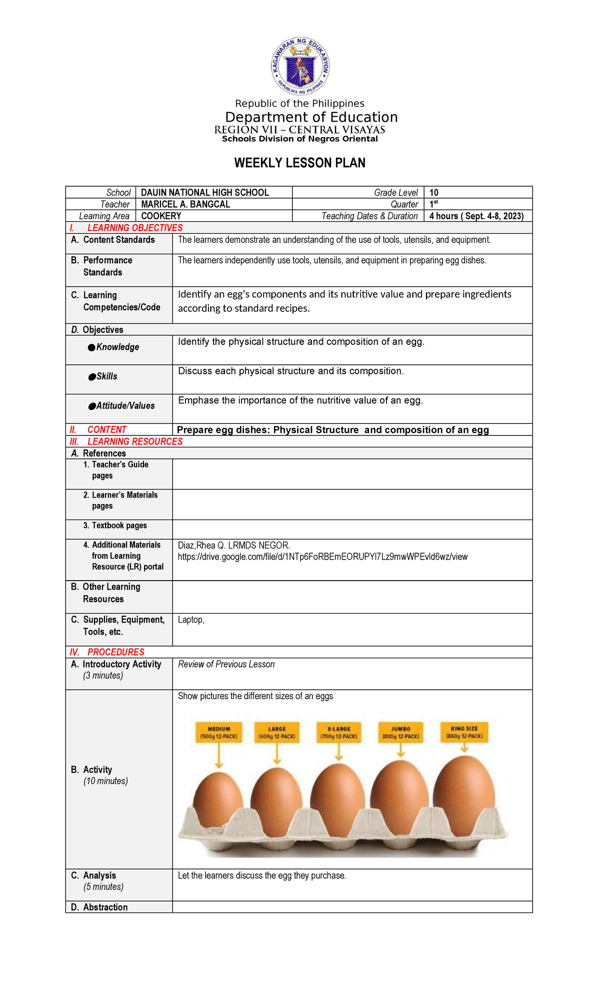 Weekly Lesson Plan: Cookery 10 - Egg Dishes & Composition (Q1) - Studocu