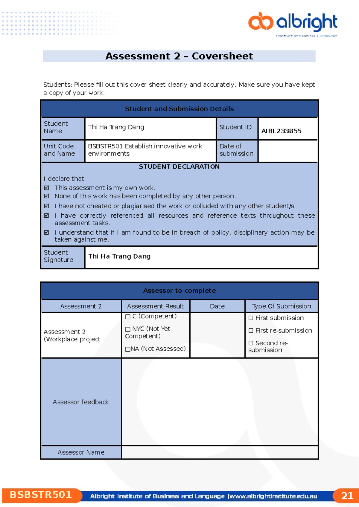 BSBSTR501 Assessment 2: Workplace Project Cover Sheet and Guidelines ...