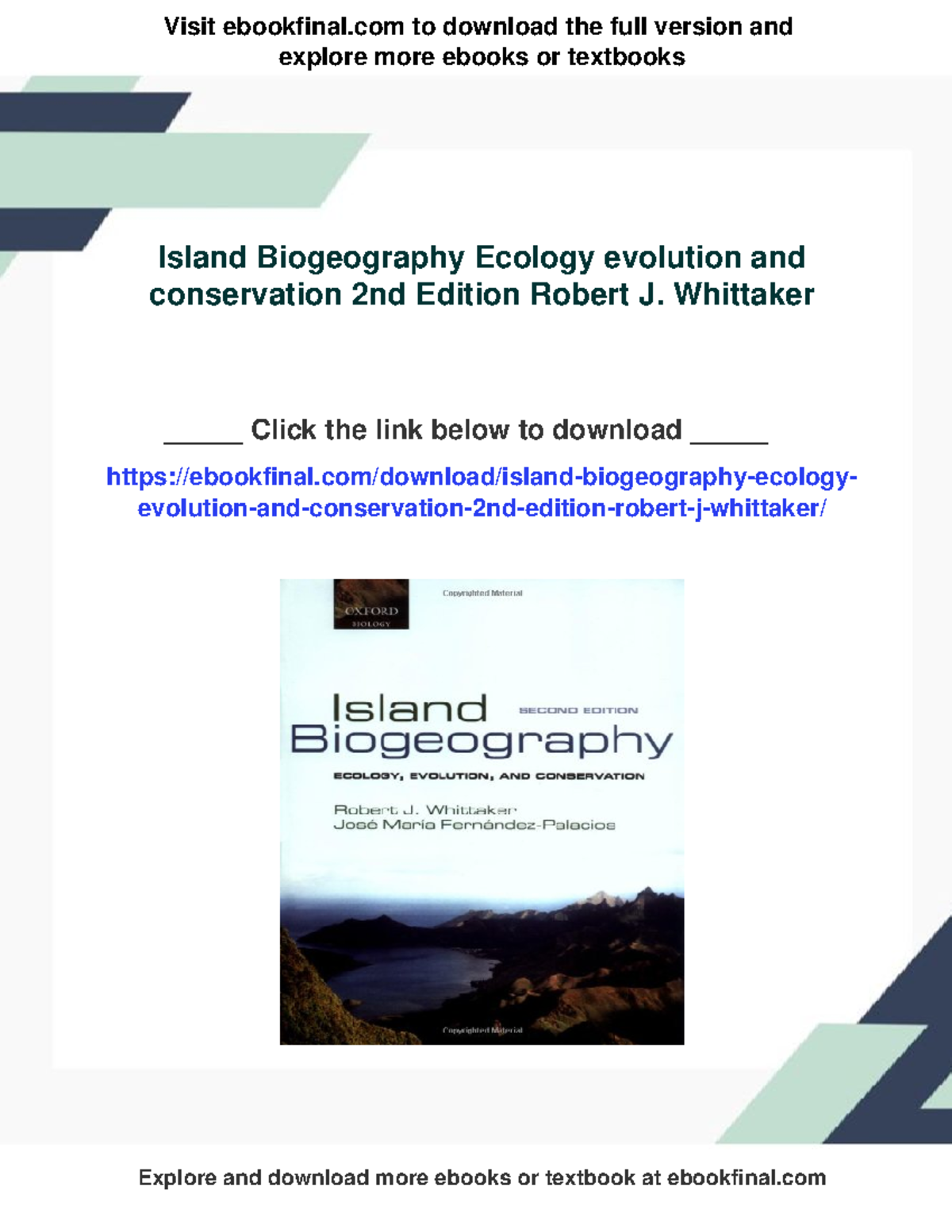 Island Biogeography: Ecology, Evolution, and Conservation (2nd Ed ...