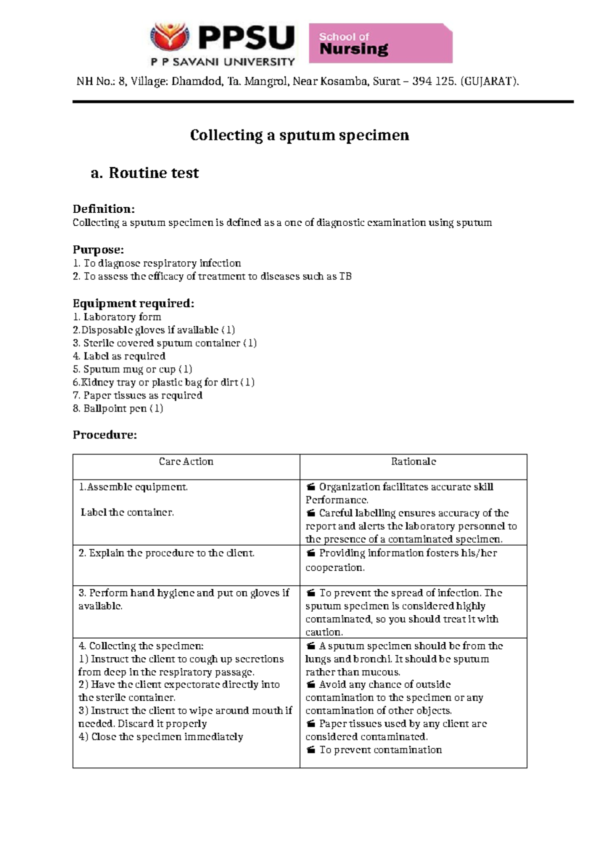 Sputum Collection Procedure: Guidelines for Diagnostic Tests - Studocu