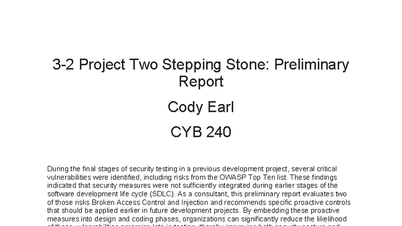 Preliminary Report on Security Risks in CYB 240 Project Two - Studocu