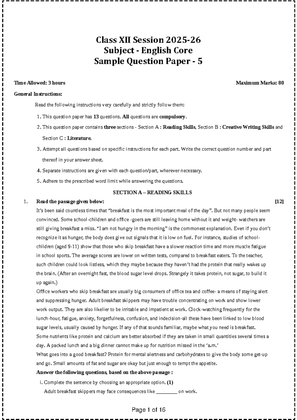 12th English Core Sample Question Paper 5: Practice Set for Students ...