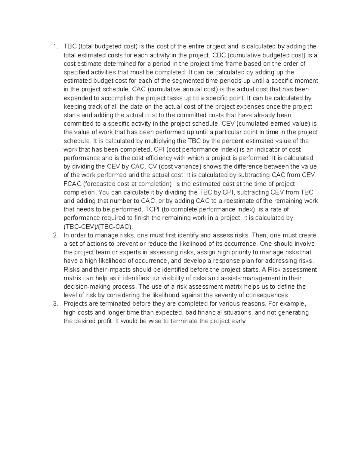 10A Coursework: Understanding Project Cost Metrics and Risk Management ...