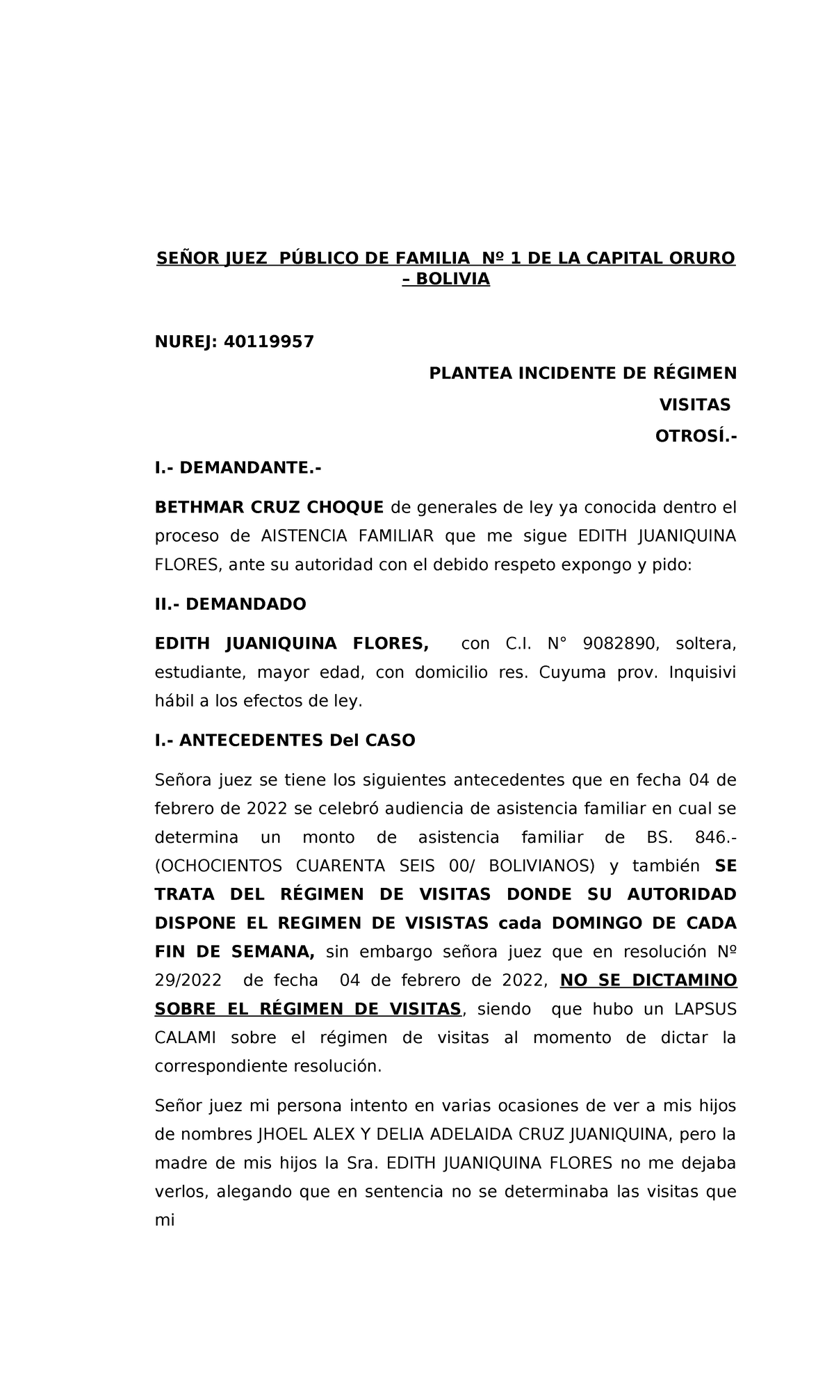 Incidente de Régimen de Visitas - BETHMAR CRUZ CHOQUE - Studocu