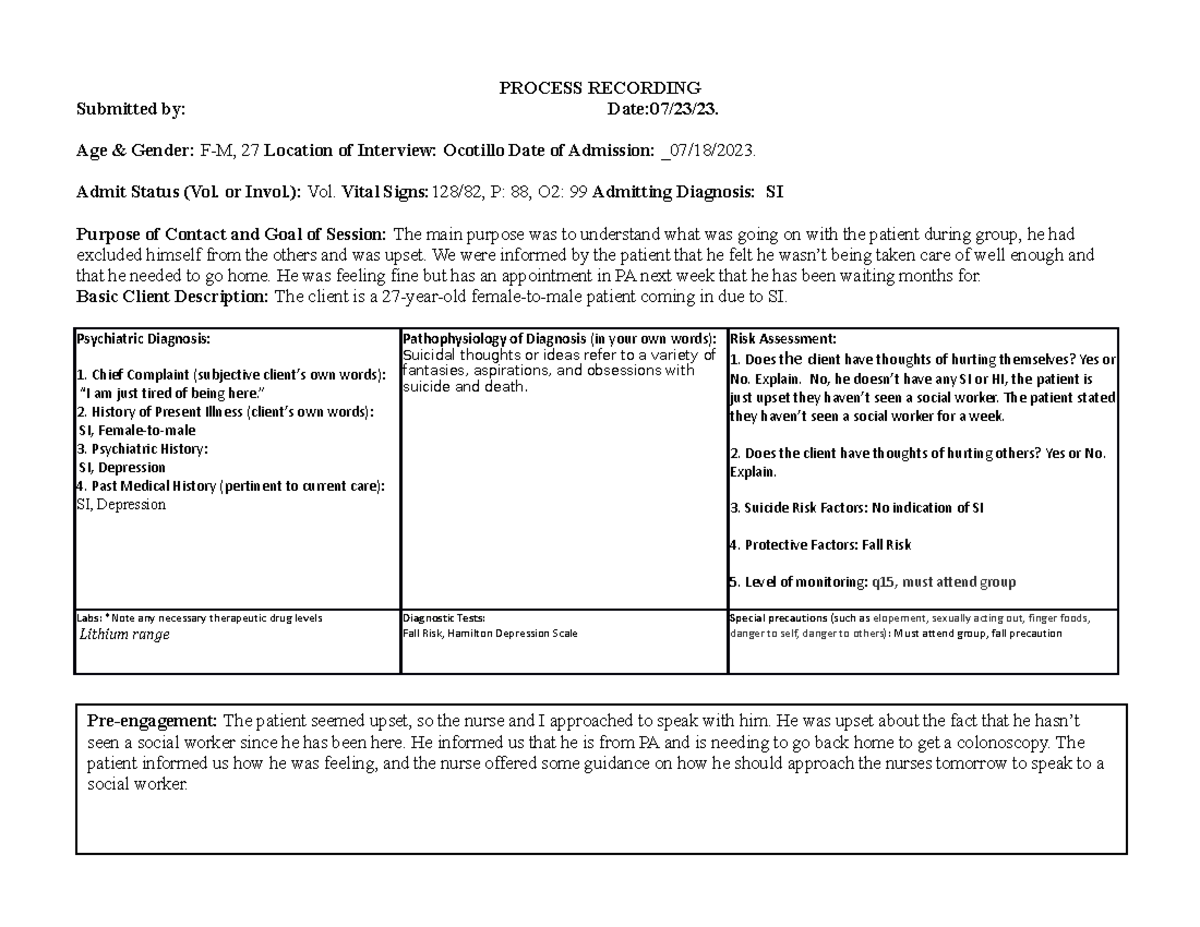 Process Recording 2 - PROCESS RECORDING Submitted by: Date:07/23/23 ...