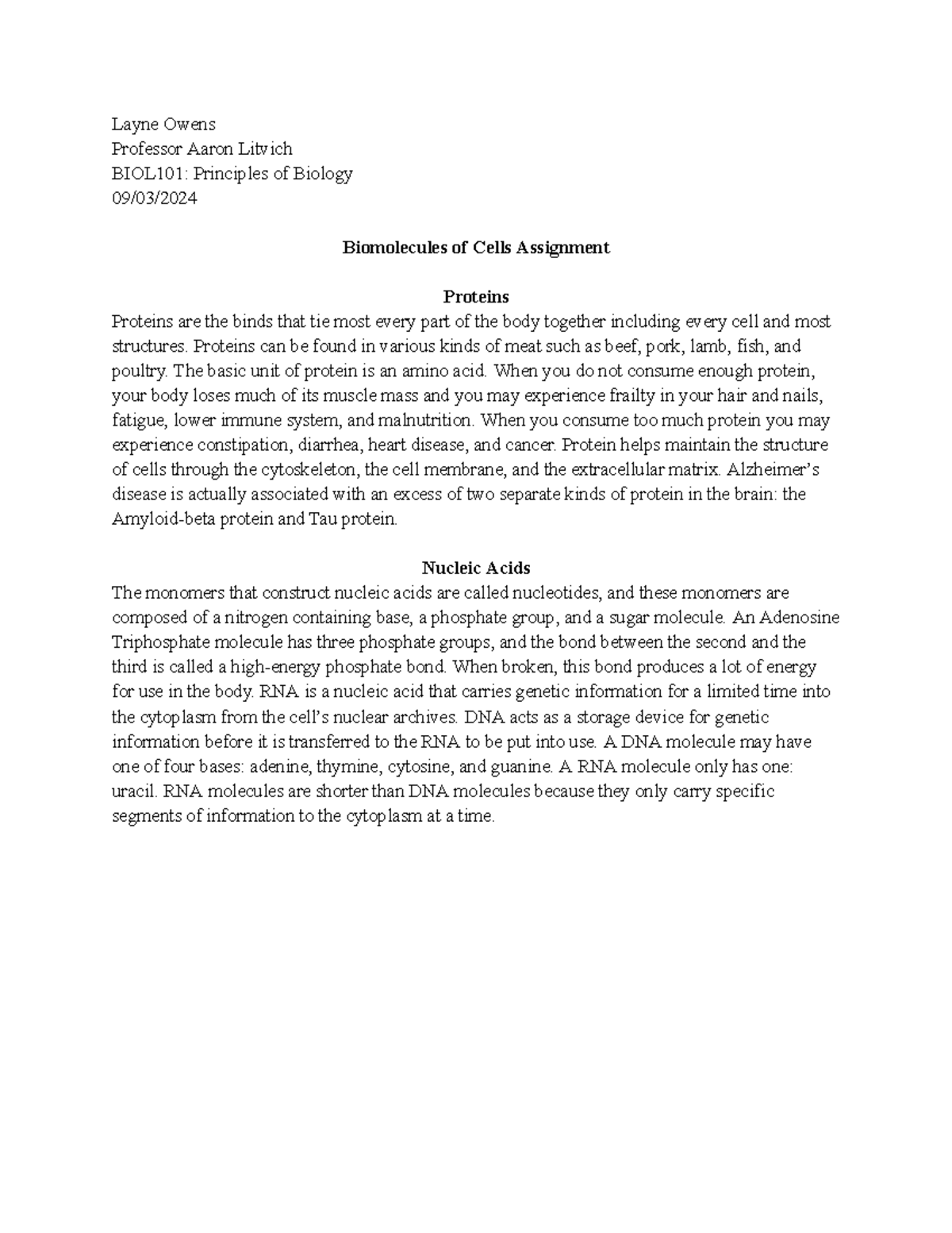 BIOL101: Biomolecules of Cells Assignment Overview and Analysis - Studocu