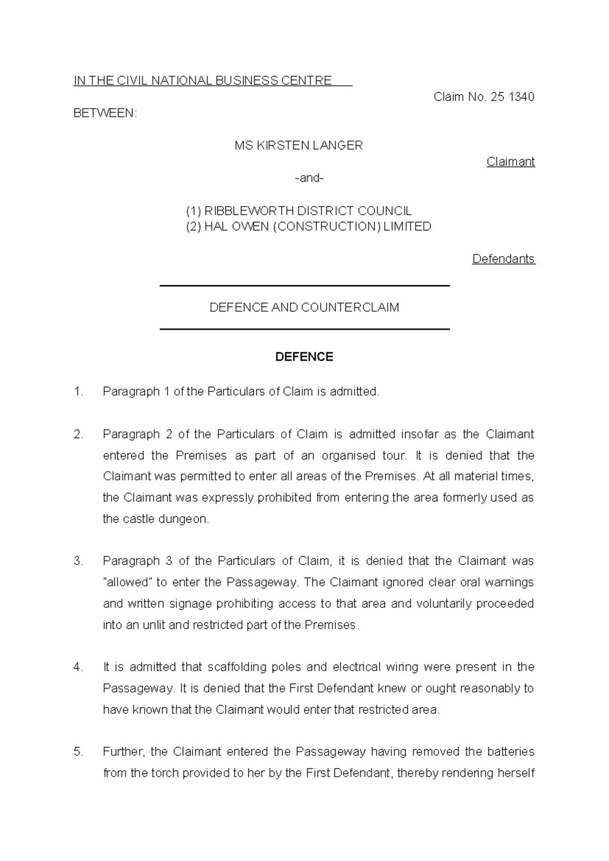 Draft Defence and Counterclaim - Claim No. 25 1340 - Studocu