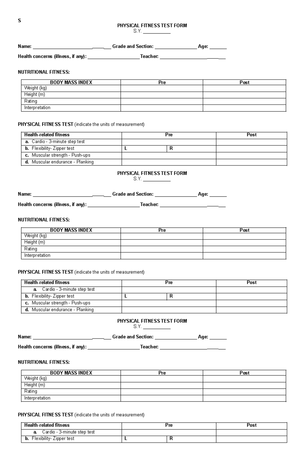 Physical Fitness Test Form - S PHYSICAL FITNESS TEST FORM S ...