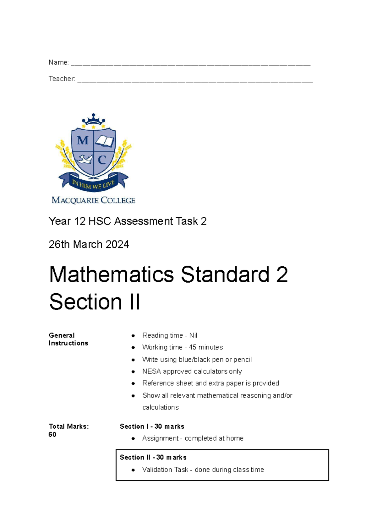 Year 12 HSC Mathematics Standard 2 Assessment Task 2 - 26th March 2024 ...
