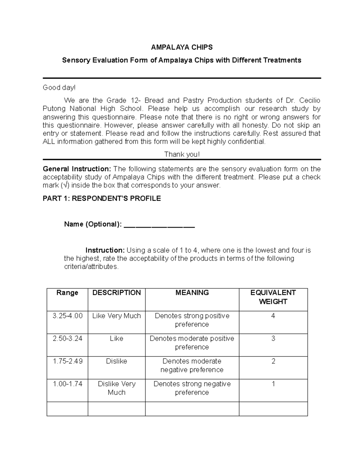 Questionnaire for Sensory Evaluation of Ampalaya Chips - Studocu