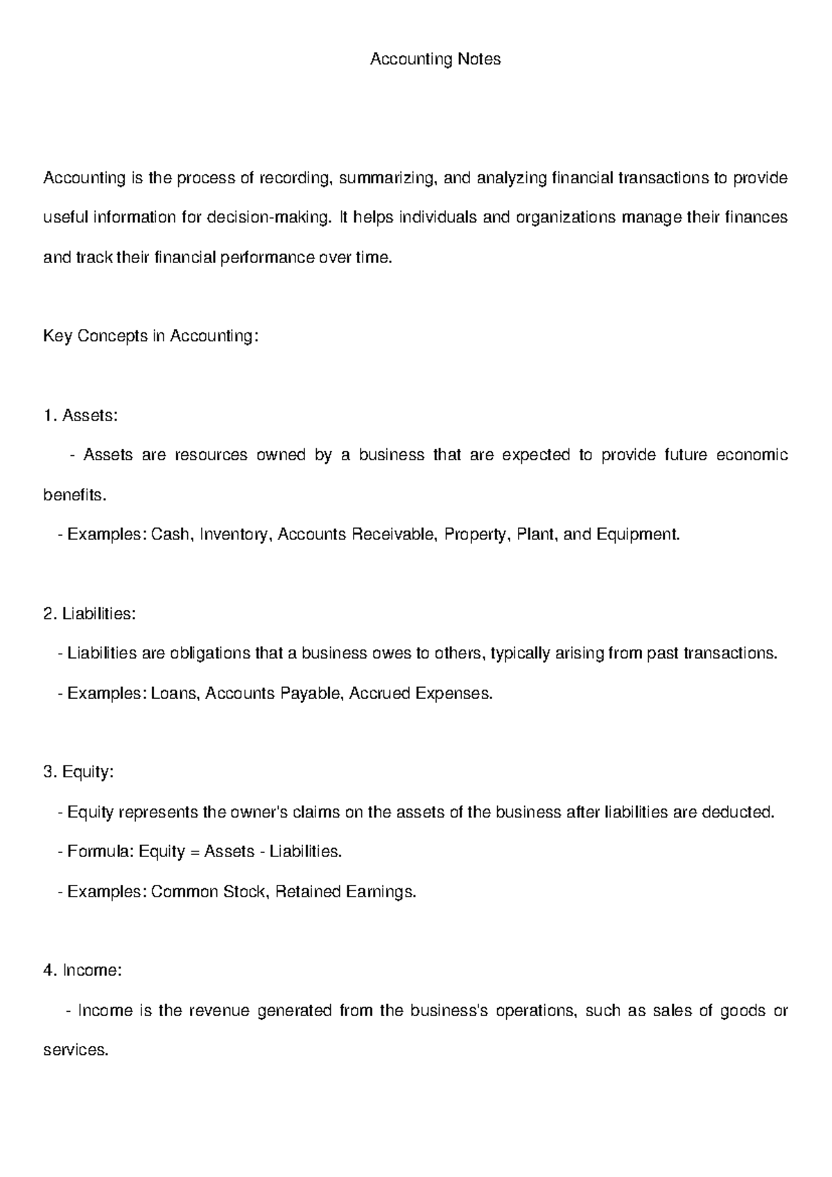 ACC 101: Accounting Notes - Key Concepts of Assets and Liabilities ...