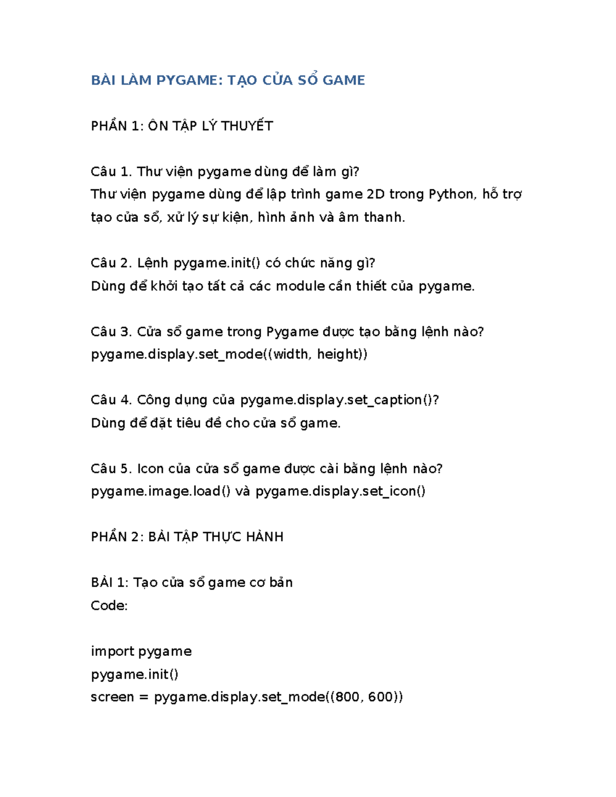 BÀI LÀM PYGAME: TẠO CỬA SỔ GAME PHẦN 1 VÀ THỰC HÀNH - Studocu