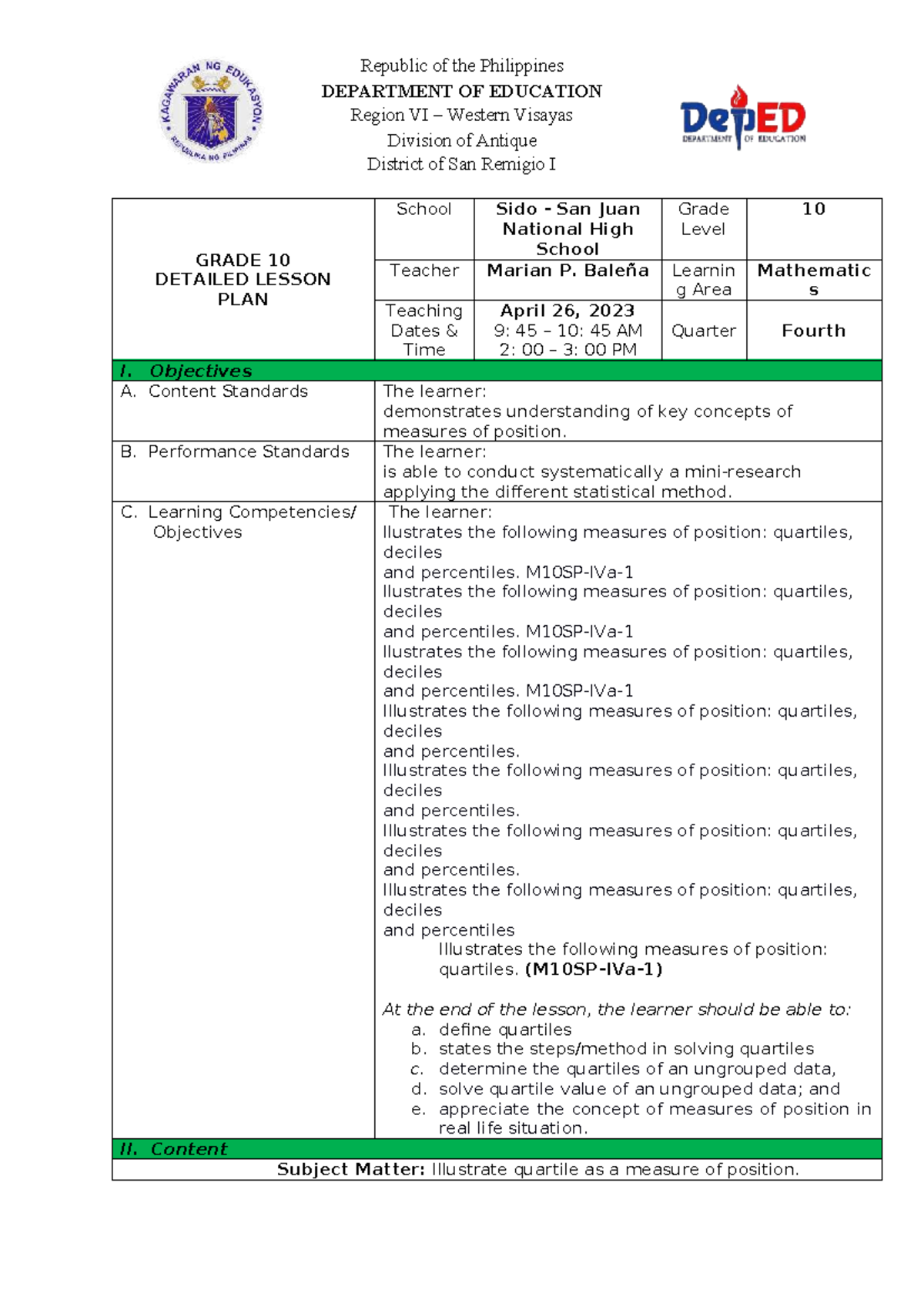 DLP-10: Detailed Lesson Plan on Quartiles in Mathematics - Studocu