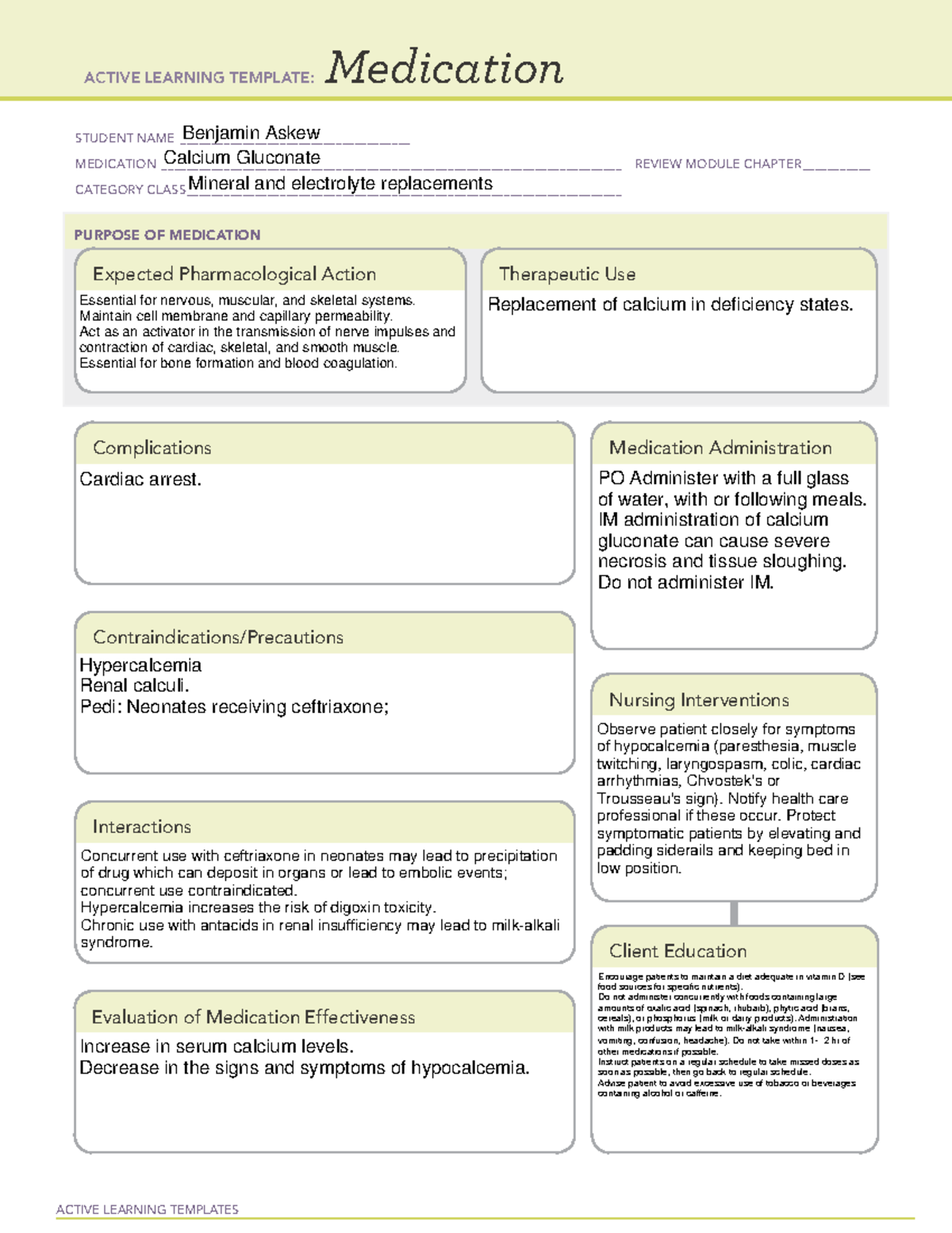 Calcium Gluconate Med Template for Active Learning - Review Module ...