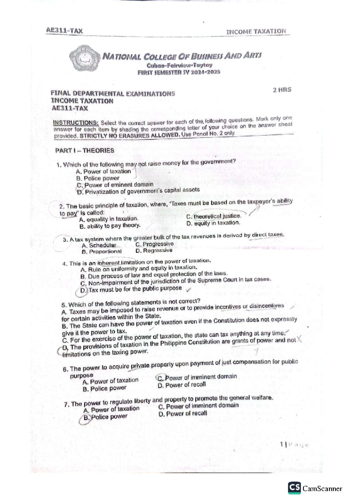 INCOME TAXATION MATH 140302 SY 1ST SEM FINAL DEPARTMENTAL EXAM - Studocu