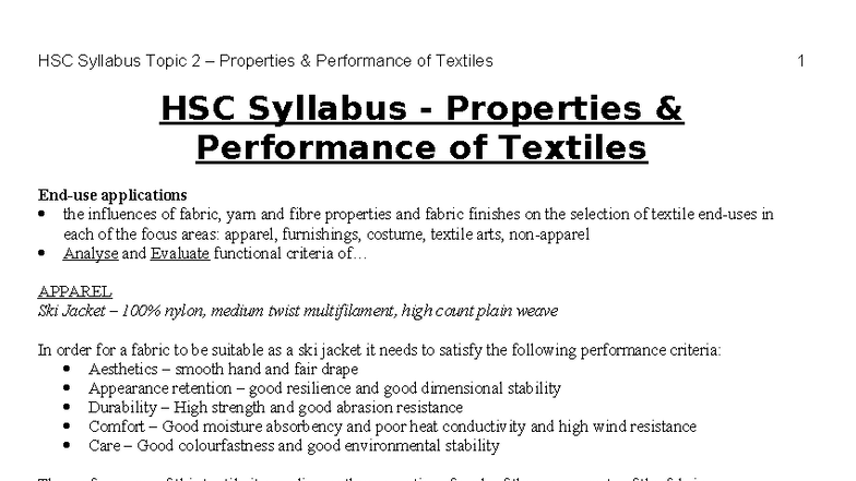HSC Syllabus Topic 2: Properties & Performance of Textiles Design Notes ...